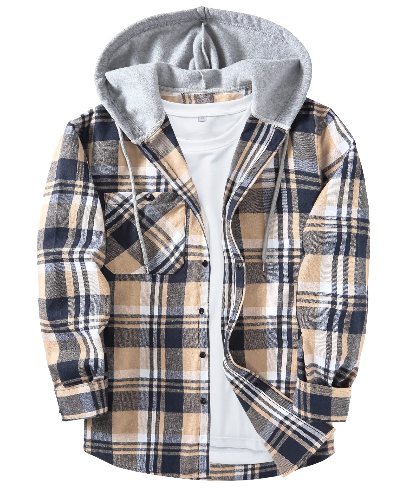 SWISSWELL Mens Flannel Hoodie Shirts Long Sleeve Fashion Plaid Jackets Button Down Shirts Navy Beige L