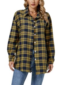 lyaner women's long sleeve plaid collar button down boyfriend shirt blouse top yellow and blue large