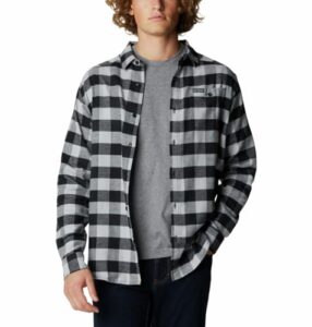 columbia men's cornell woods flannel long sleeve shirt, grey buffalo check, large