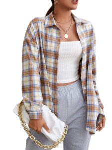 makemechic women's plaid shirts oversized flannels shacket jacket multi camel large