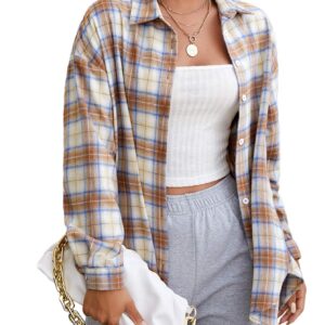 MakeMeChic Women's Plaid Shirts Oversized Flannels Shacket Jacket Multi Camel Large