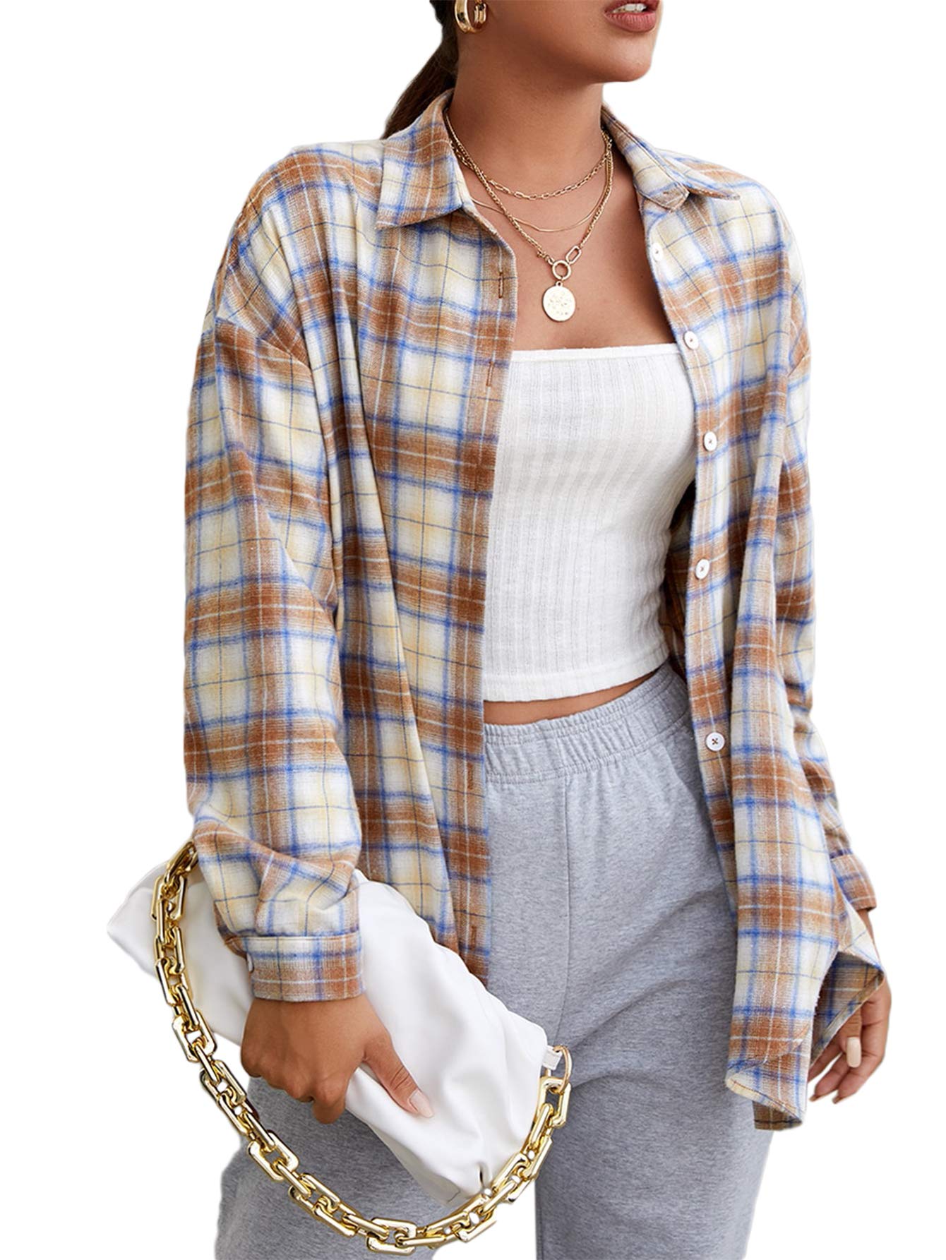 MakeMeChic Women's Plaid Shirts Oversized Flannels Shacket Jacket Multi Camel Large