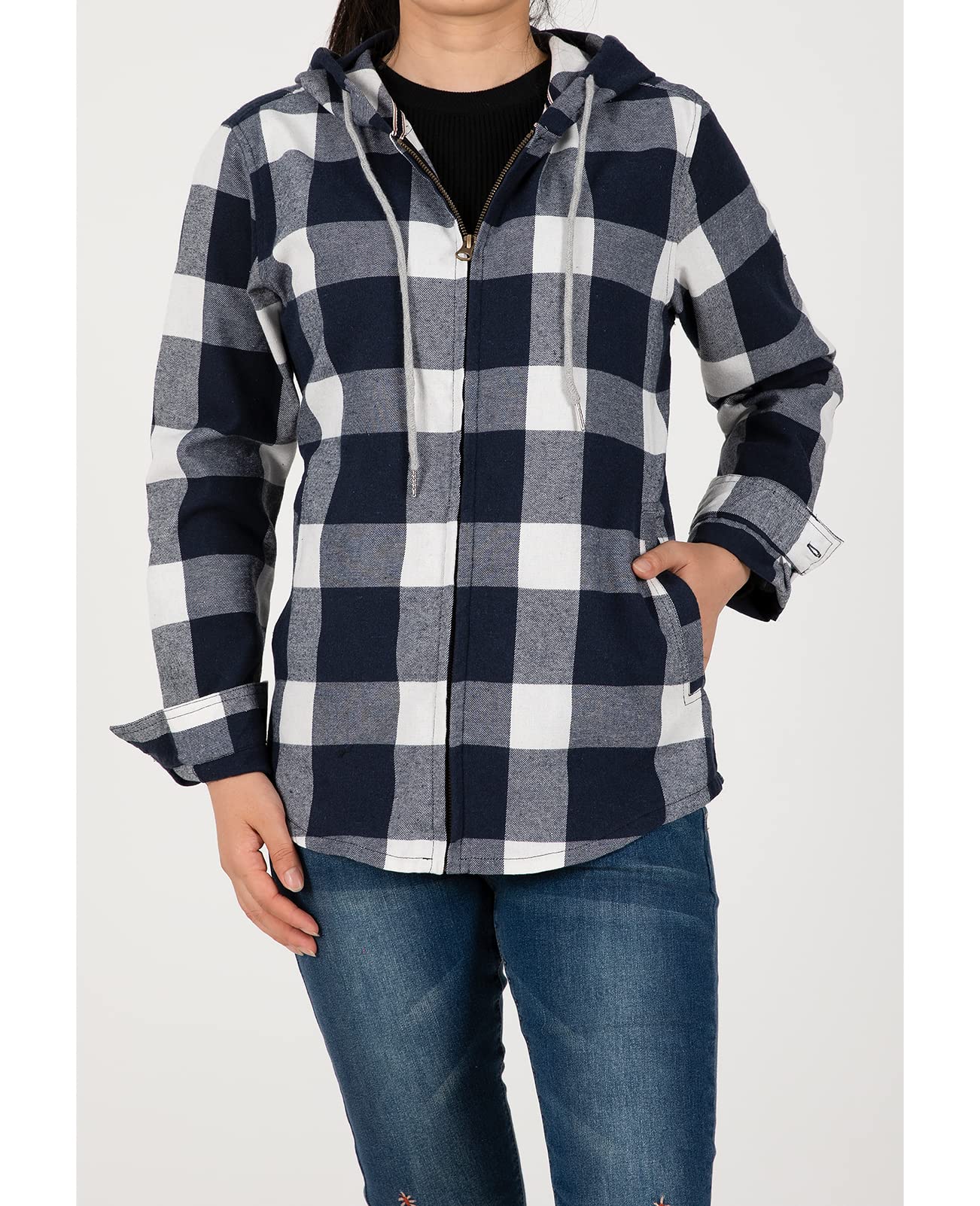 Plaid Flannel Shirts for Women Hooded Flannel Shirt oversized Zip Up Flannel Hoodies Fall Flannel Shacket Blue White XXL