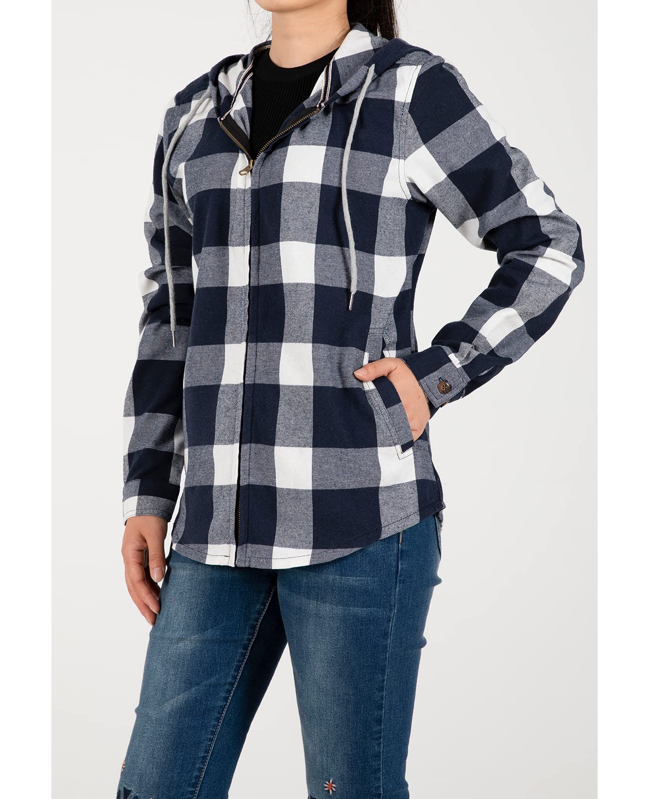 Plaid Flannel Shirts for Women Hooded Flannel Shirt oversized Zip Up Flannel Hoodies Fall Flannel Shacket Blue White XXL