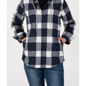 Plaid Flannel Shirts for Women Hooded Flannel Shirt oversized Zip Up Flannel Hoodies Fall Flannel Shacket Blue White XXL