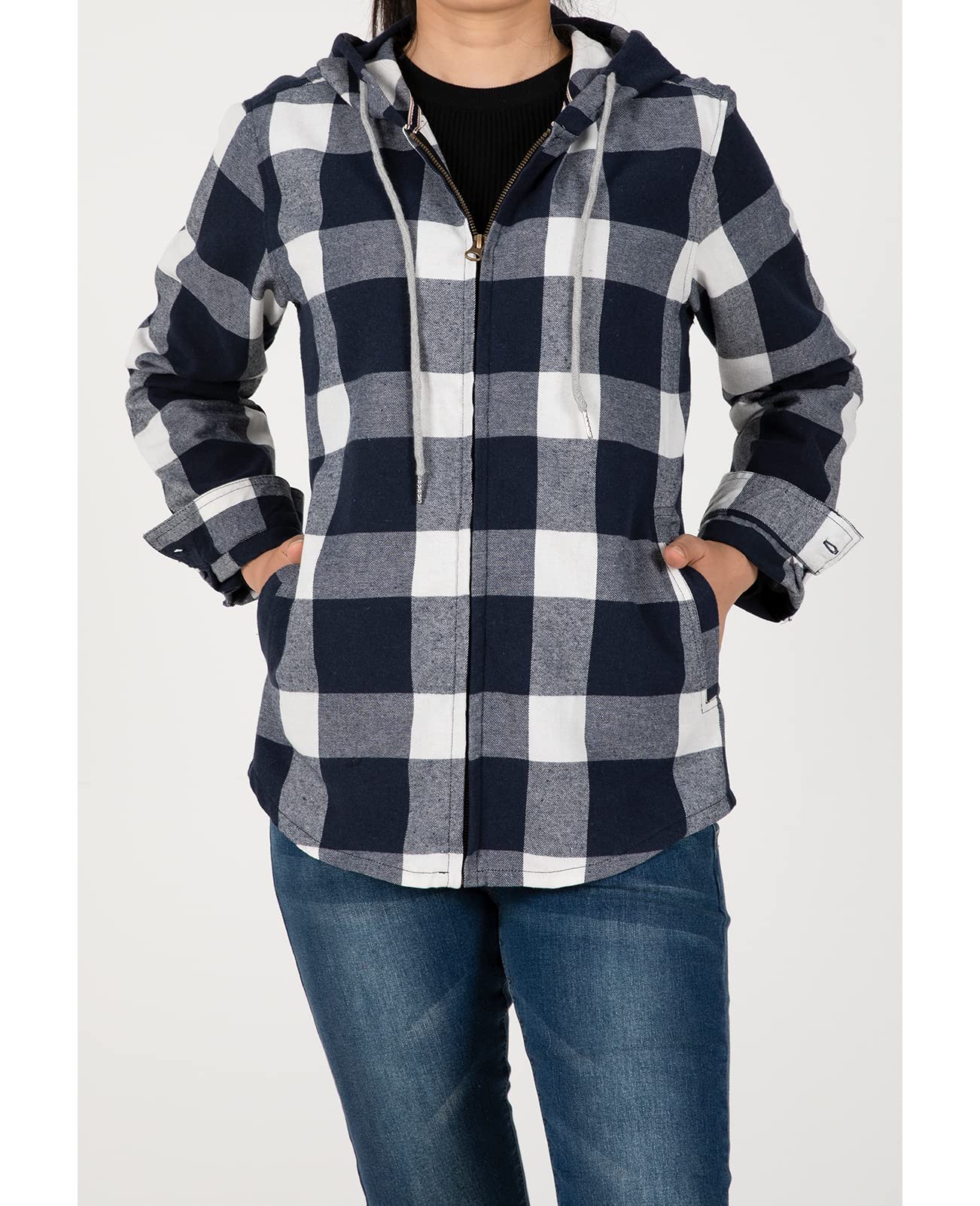 Plaid Flannel Shirts for Women Hooded Flannel Shirt oversized Zip Up Flannel Hoodies Fall Flannel Shacket Blue White XXL