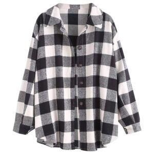 zaful women's classic black buffalo plaid shirt collared long sleeve button down pocket shacket