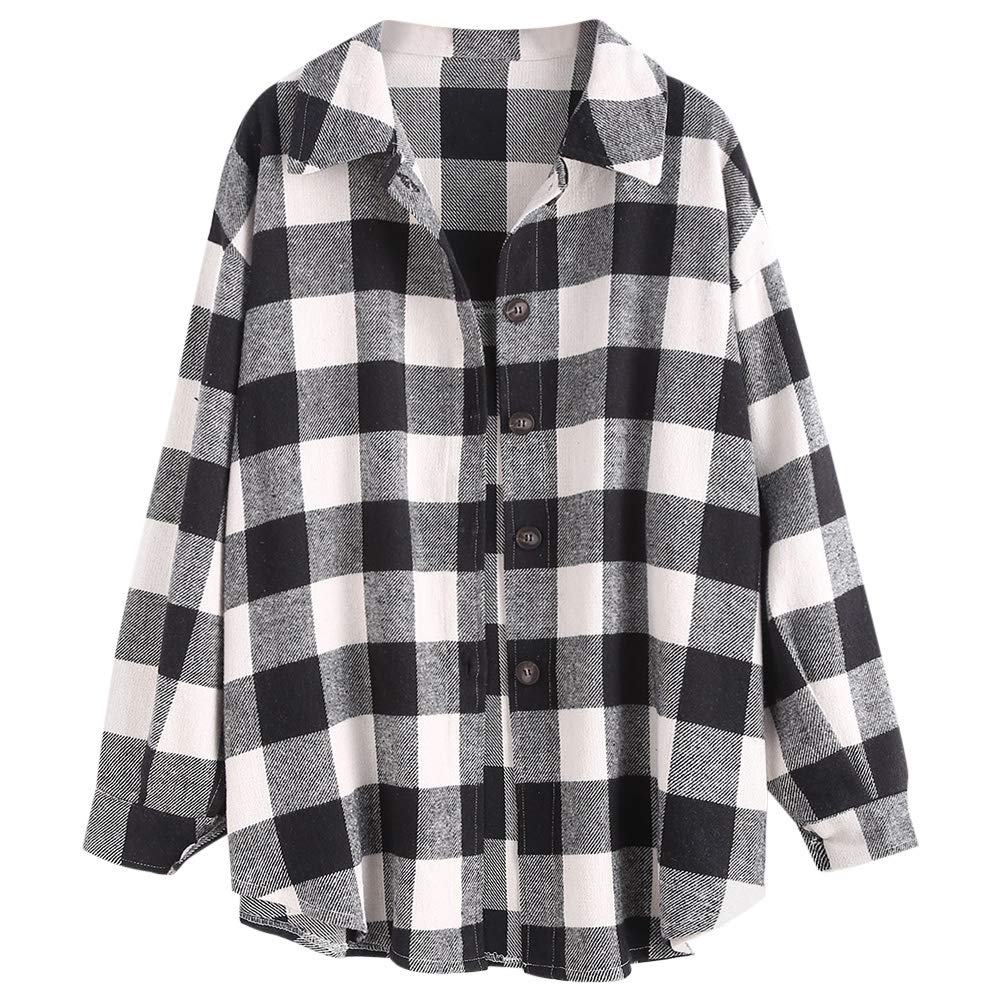 ZAFUL Women's Classic Black Buffalo Plaid Shirt Collared Long Sleeve Button Down Pocket Shacket