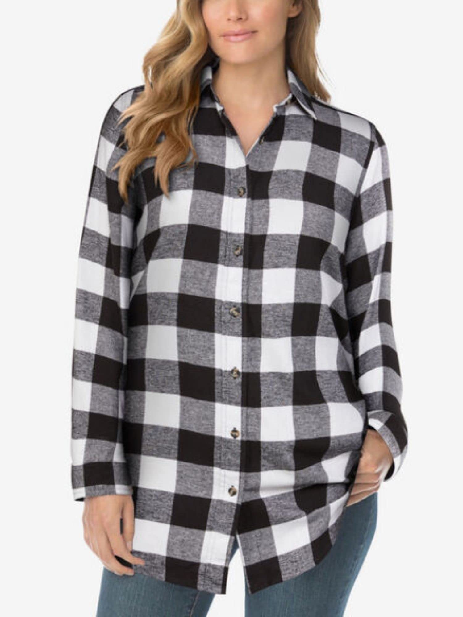 ZAFUL Women's Classic Black Buffalo Plaid Shirt Collared Long Sleeve Button Down Pocket Shacket