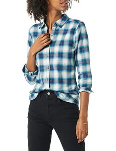 goodthreads women's brushed flannel drop-shoulder long-sleeve shirt, blue white tartan, large