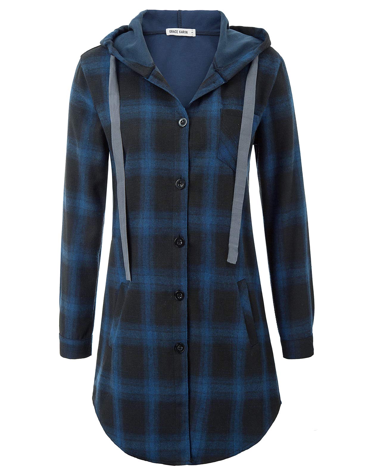 GRACE KARIN Womens's Long Sleeve Plaid Shirts Flannels Cotton Check Hooded Shirt S Blue