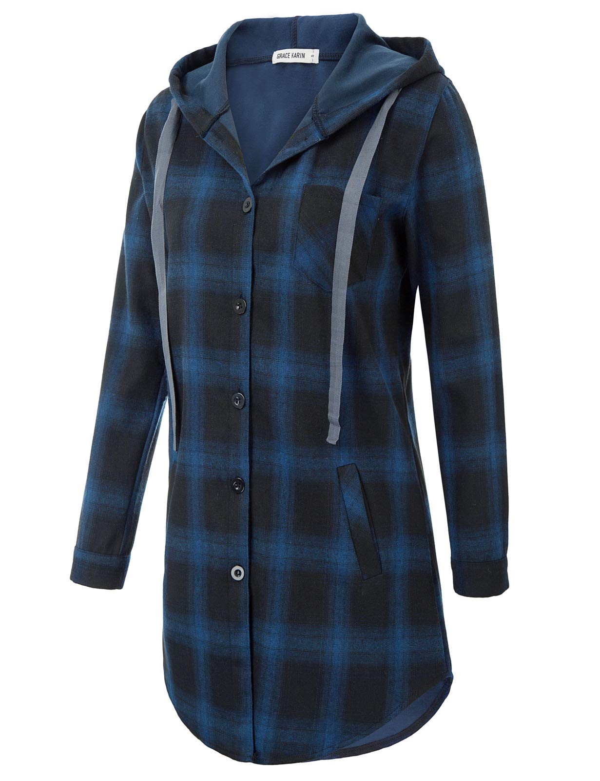 GRACE KARIN Womens's Long Sleeve Plaid Shirts Flannels Cotton Check Hooded Shirt S Blue