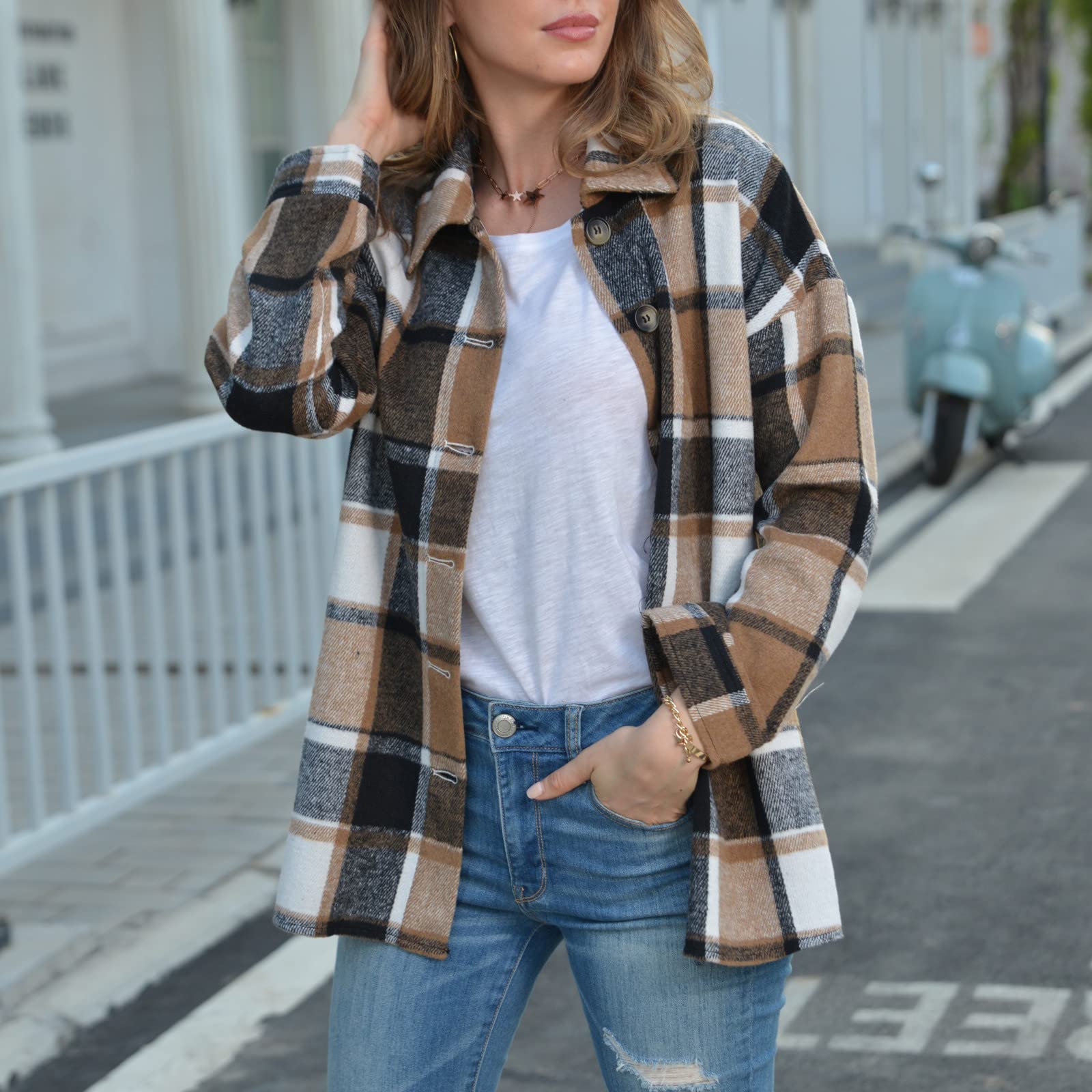 Delivered Today,Fall Dresses for Women 2023 Trendy Plaid Shirts for Women Flannel Shacket Jacket Long Sleeve Lapel Button Down Shirts Coats Blouse Tops with Pocket