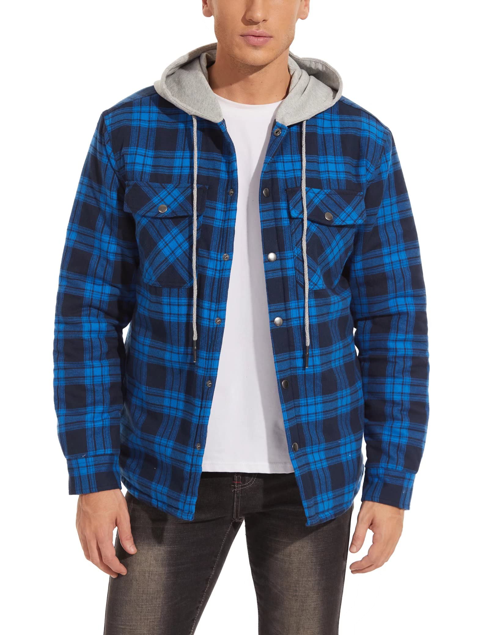 MAGCOMSEN Men's Flannel Shirt Jacket with Hood for Men Long Sleeve Hoodie Jacket Flannel Lined Plaid Button Down Shirts Casual Unisex Jacket