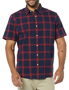 amazon essentials men's short-sleeve stretch poplin shirt (available in big & tall), navy red buffalo plaid, medium