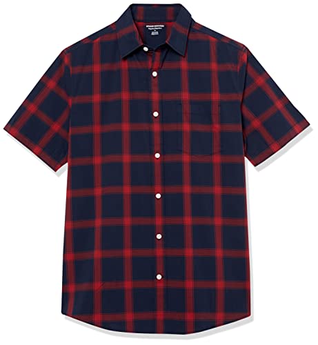 Amazon Essentials Men's Short-Sleeve Stretch Poplin Shirt (Available in Big & Tall), Navy Red Buffalo Plaid, Medium