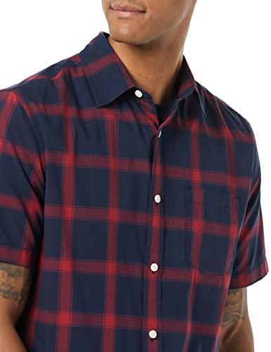 Amazon Essentials Men's Short-Sleeve Stretch Poplin Shirt (Available in Big & Tall), Navy Red Buffalo Plaid, Medium