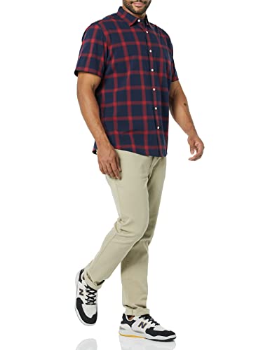 Amazon Essentials Men's Short-Sleeve Stretch Poplin Shirt (Available in Big & Tall), Navy Red Buffalo Plaid, Medium