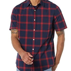 Amazon Essentials Men's Short-Sleeve Stretch Poplin Shirt (Available in Big & Tall), Navy Red Buffalo Plaid, Medium