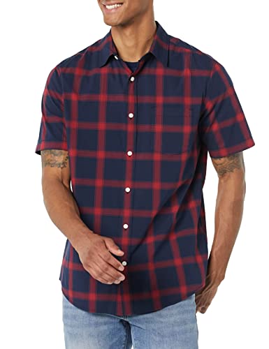 Amazon Essentials Men's Short-Sleeve Stretch Poplin Shirt (Available in Big & Tall), Navy Red Buffalo Plaid, Medium