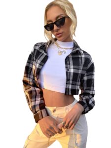 floerns women's long sleeve collar button down plaid crop top blouse black and white m