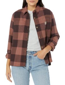 carhartt women's rugged flex loose fit midweight flannel long-sleeve plaid shirt, blackberry, large