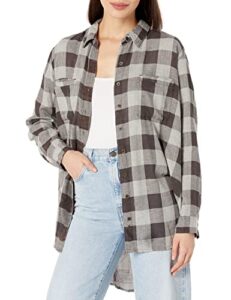 angie womens plaid oversize button up, grey, medium