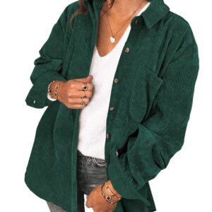 Saslax Womens Corduroy Shirt Long Sleeve Oversized Button Up V Neck Blouses Tops Loose Shacket Jacket with Pockets Green M