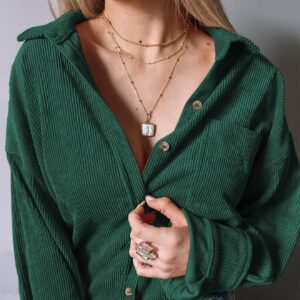 Saslax Womens Corduroy Shirt Long Sleeve Oversized Button Up V Neck Blouses Tops Loose Shacket Jacket with Pockets Green M