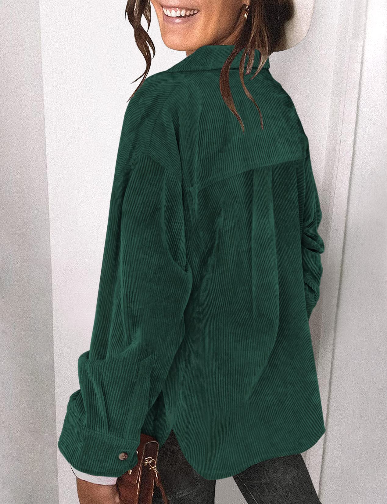 Saslax Womens Corduroy Shirt Long Sleeve Oversized Button Up V Neck Blouses Tops Loose Shacket Jacket with Pockets Green M