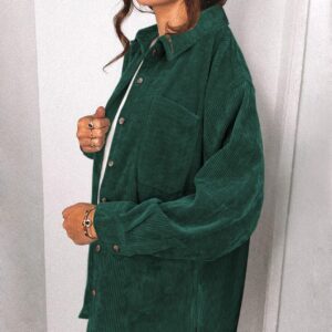 Saslax Womens Corduroy Shirt Long Sleeve Oversized Button Up V Neck Blouses Tops Loose Shacket Jacket with Pockets Green M