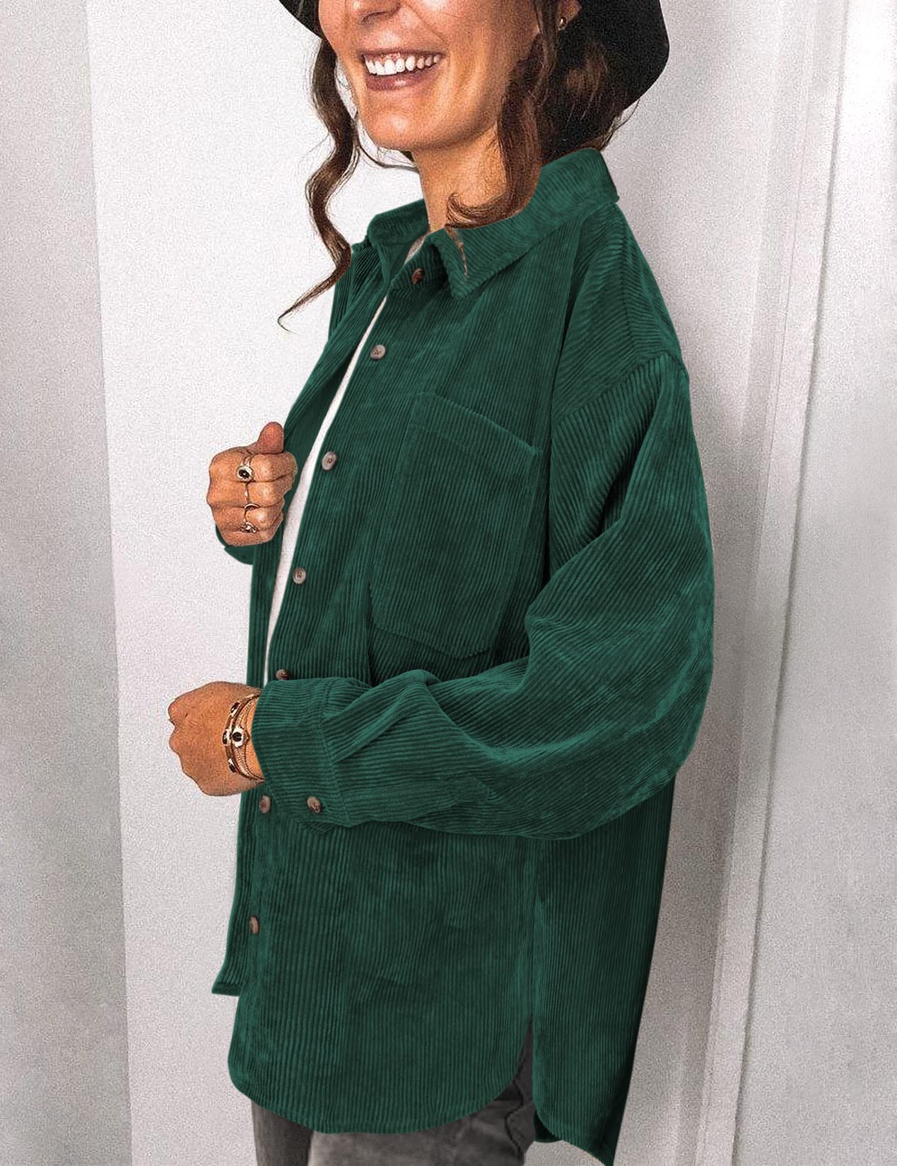 Saslax Womens Corduroy Shirt Long Sleeve Oversized Button Up V Neck Blouses Tops Loose Shacket Jacket with Pockets Green M