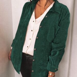 Saslax Womens Corduroy Shirt Long Sleeve Oversized Button Up V Neck Blouses Tops Loose Shacket Jacket with Pockets Green M