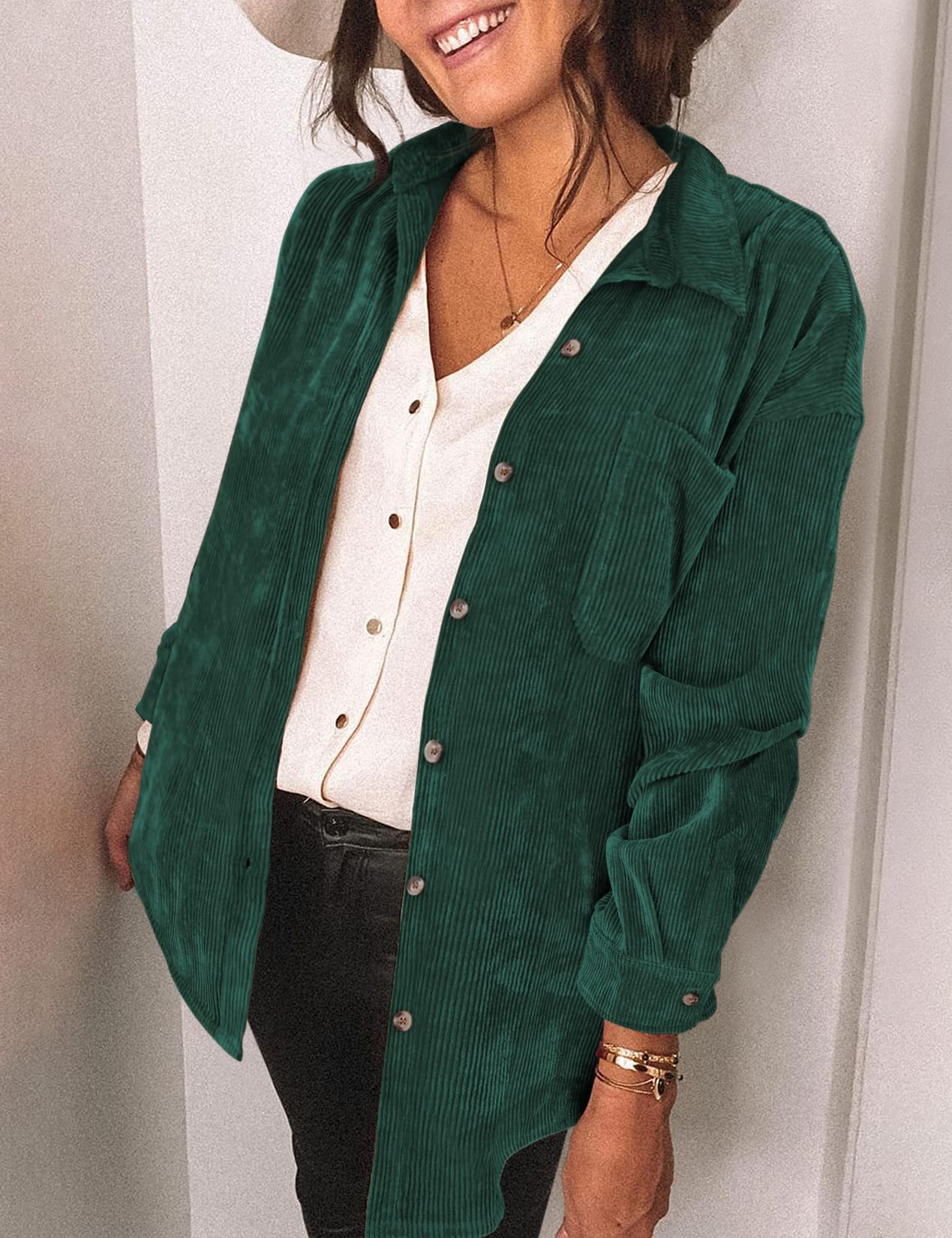 Saslax Womens Corduroy Shirt Long Sleeve Oversized Button Up V Neck Blouses Tops Loose Shacket Jacket with Pockets Green M