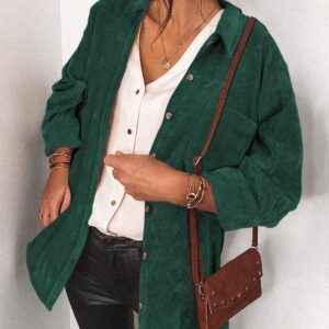 Saslax Womens Corduroy Shirt Long Sleeve Oversized Button Up V Neck Blouses Tops Loose Shacket Jacket with Pockets Green M