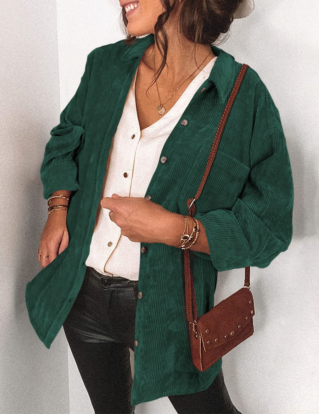 Saslax Womens Corduroy Shirt Long Sleeve Oversized Button Up V Neck Blouses Tops Loose Shacket Jacket with Pockets Green M