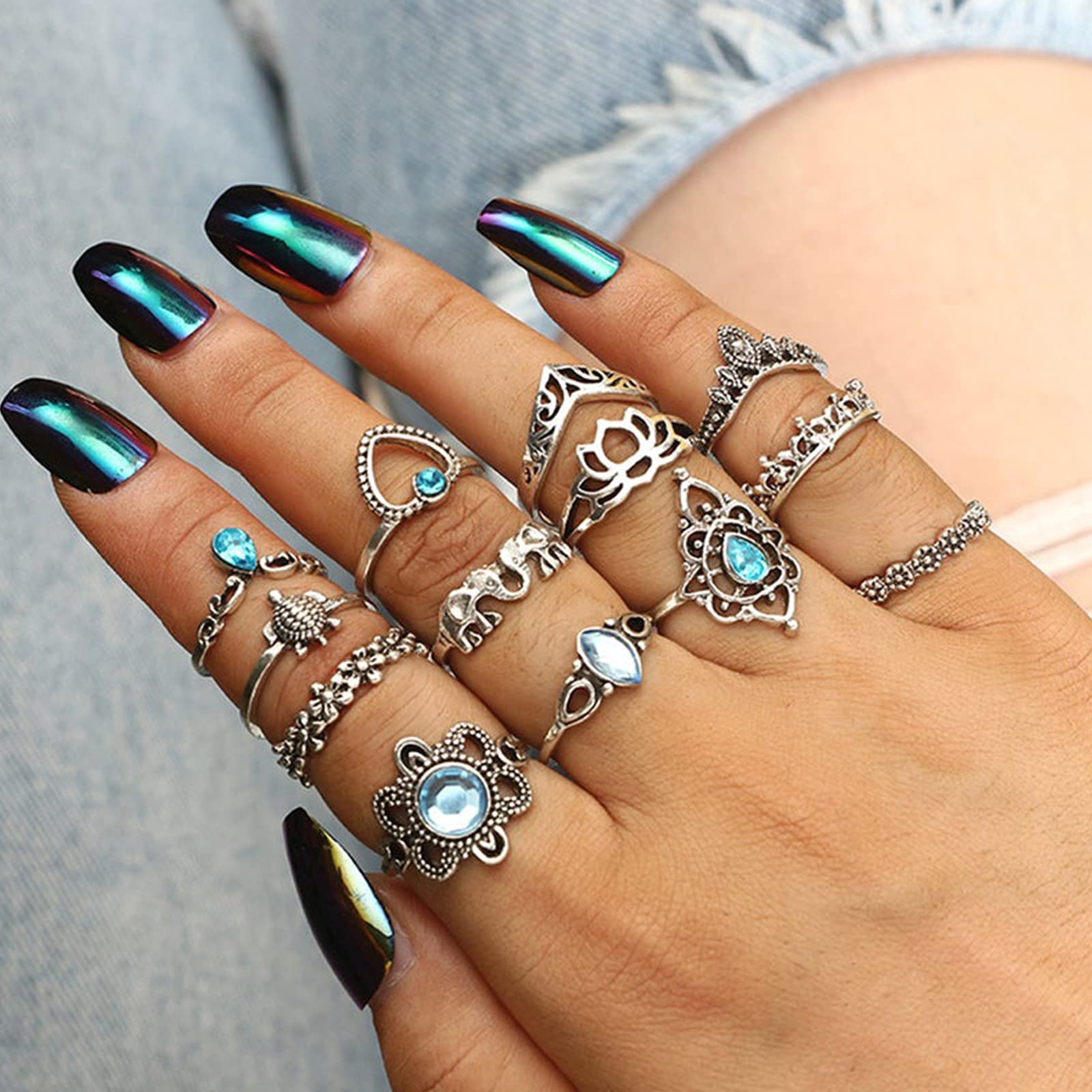 17 MILE 82 Pcs Vintage Silver Knuckle Rings Set for Women, Bohemian Stackable Joint Finger Rings, Retro Stone Crystal Stacking Midi Rings Pack (Silver)