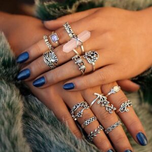 17 MILE 82 Pcs Vintage Silver Knuckle Rings Set for Women, Bohemian Stackable Joint Finger Rings, Retro Stone Crystal Stacking Midi Rings Pack (Silver)