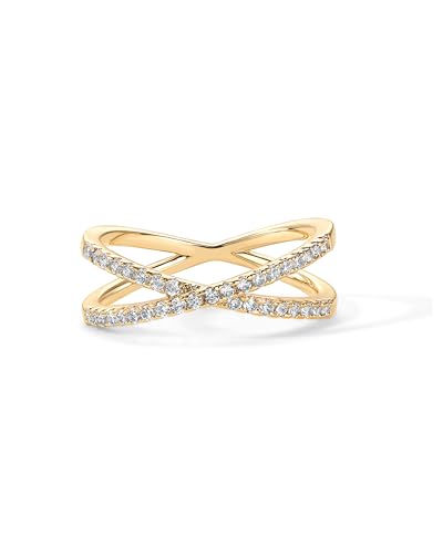 PAVOI 14K Gold Plated X Ring CZ Simulated Diamond Criss Cross Ring (9, Yellow)