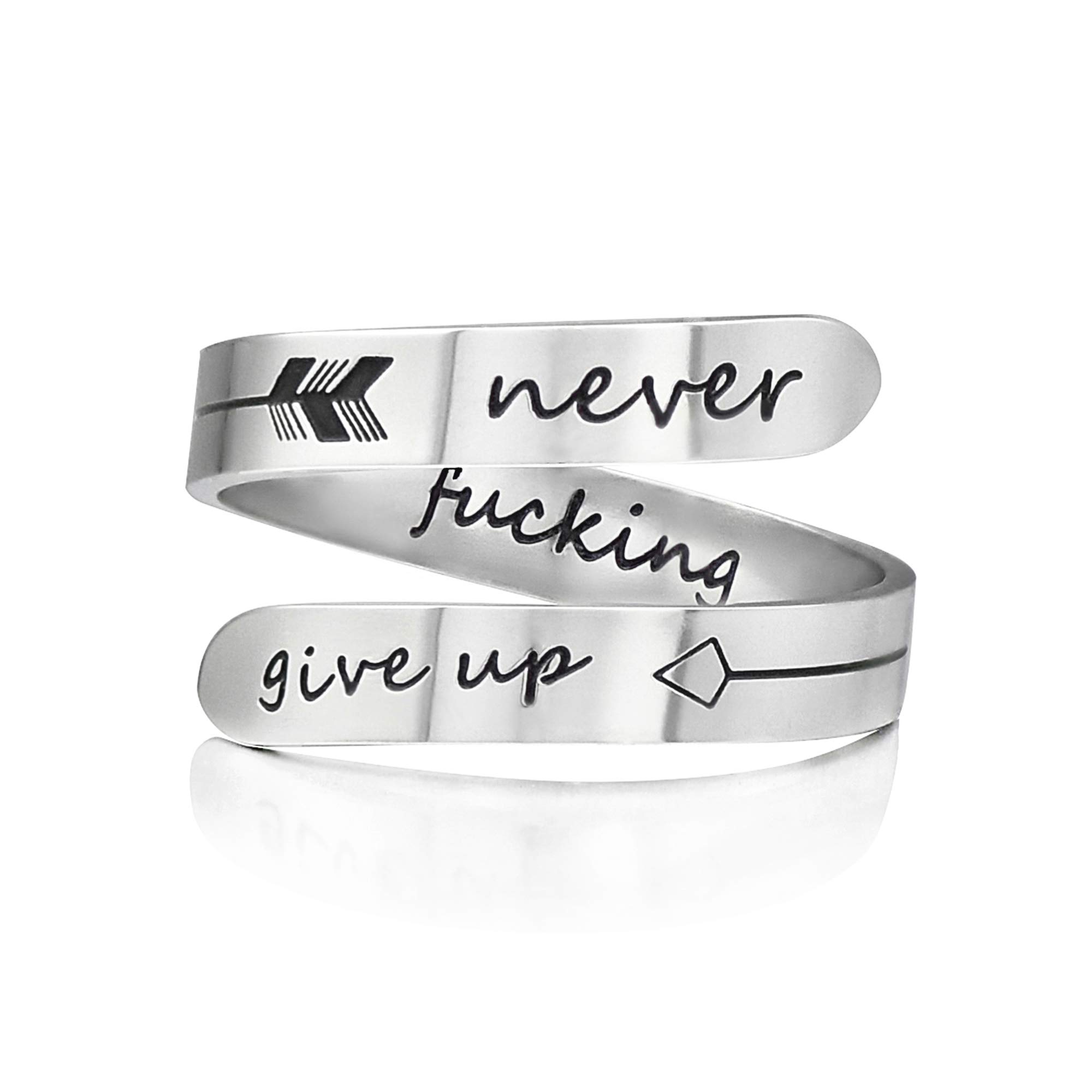 Vrycot Adjustable Stainless steel Silver Never give up Ring Inspirational Opening Stacking Cute Hiphop Bands