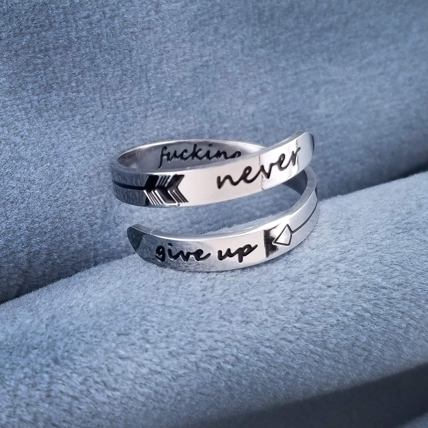 Vrycot Adjustable Stainless steel Silver Never give up Ring Inspirational Opening Stacking Cute Hiphop Bands