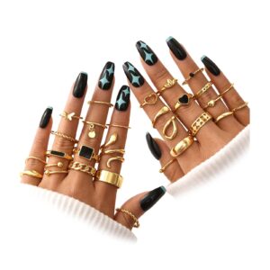 faxhion 27 pcs gold knuckle rings set for women, vintage stackable boho snake finger rings, midi hollow rings pack (a-gold-27pcs)