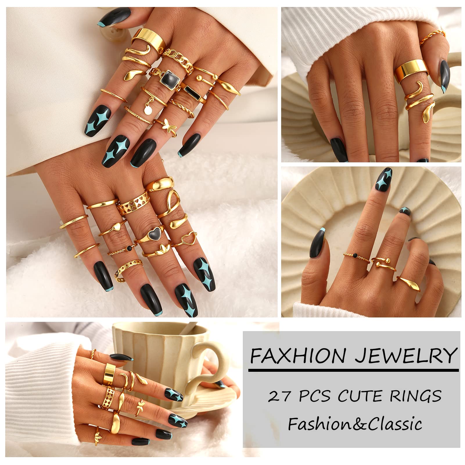 FAXHION 27 Pcs Gold Knuckle Rings Set for Women, Vintage Stackable Boho Snake Finger Rings, Midi Hollow Rings Pack (A-Gold-27pcs)