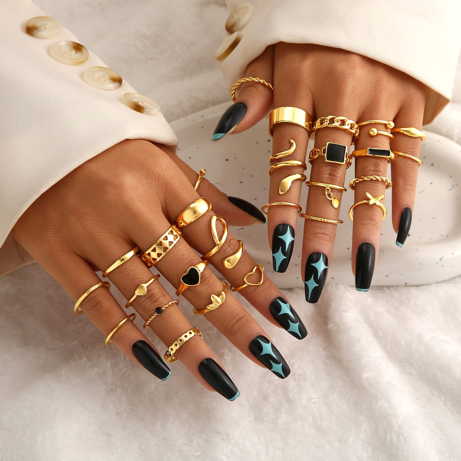 FAXHION 27 Pcs Gold Knuckle Rings Set for Women, Vintage Stackable Boho Snake Finger Rings, Midi Hollow Rings Pack (A-Gold-27pcs)