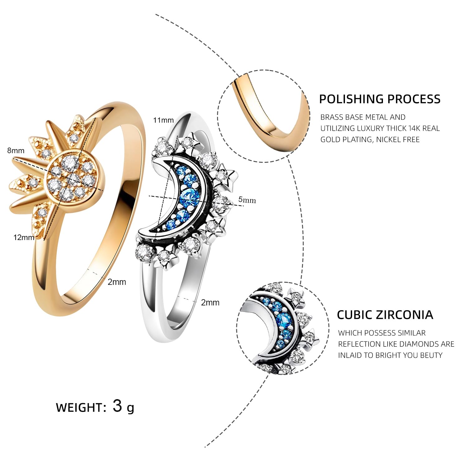 UNE DOUCE Celestial Sun and Moon Ring Set, Sparkling Sun Ring/Blue Moon Ring with 14k Gold/Silver Plating, Friendship Promise Ring, Stackable Celestial Rings, Gift for Women