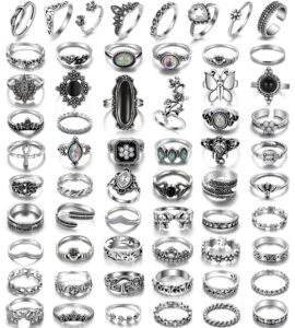 17if 60 pcs vintage silver goth ring set for women girl, punk boho chunky knuckle stackable finger ring pack aesthetic grunge adjustable retro stone opal crystal cat snake flower gothic rings