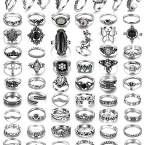 17IF 60 PCS Vintage Silver Goth Ring Set for Women Girl, Punk Boho Chunky Knuckle Stackable Finger Ring Pack Aesthetic Grunge Adjustable Retro Stone Opal Crystal Cat Snake Flower Gothic Rings