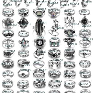 17IF 60 PCS Vintage Silver Goth Ring Set for Women Girl, Punk Boho Chunky Knuckle Stackable Finger Ring Pack Aesthetic Grunge Adjustable Retro Stone Opal Crystal Cat Snake Flower Gothic Rings