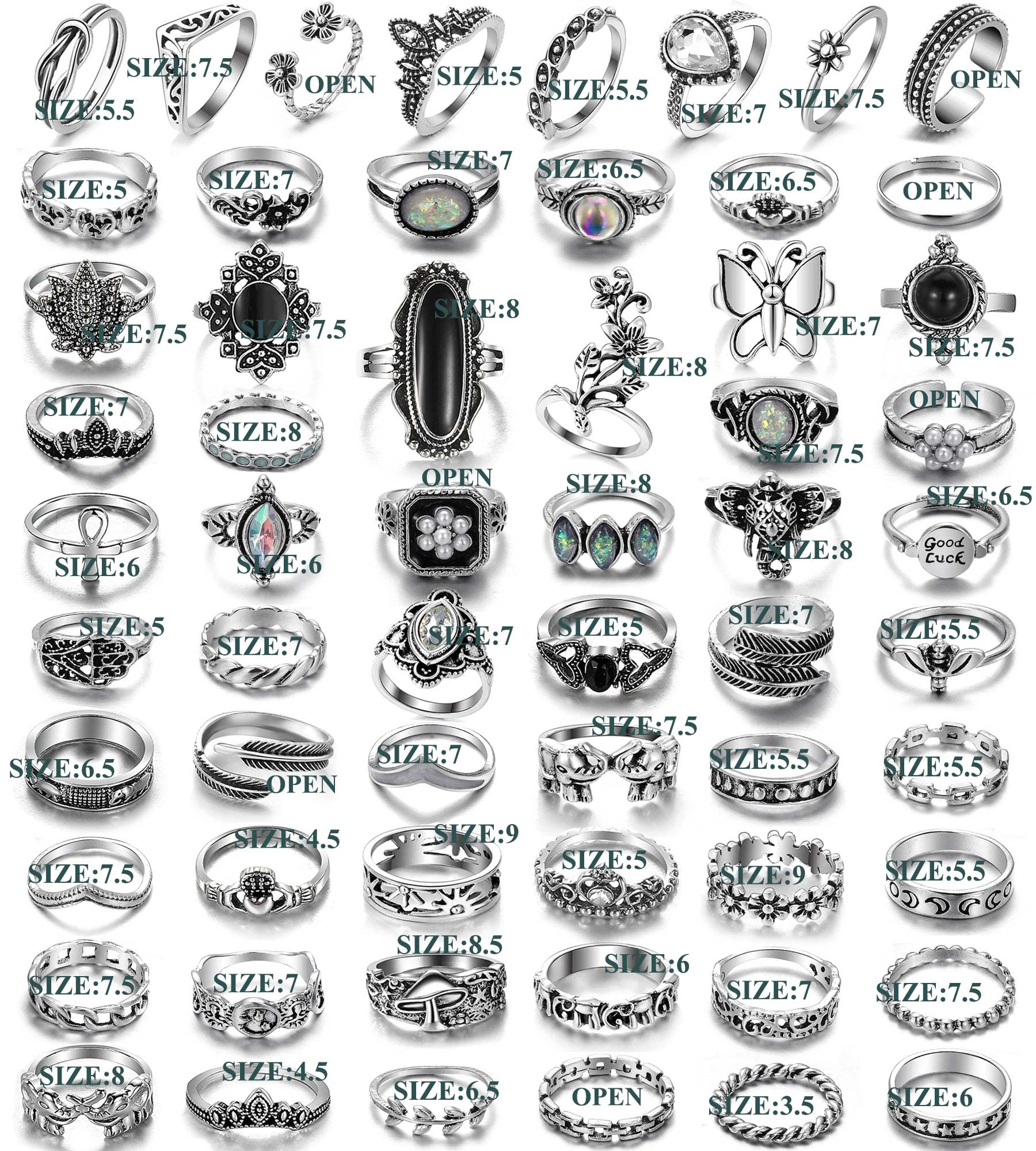 17IF 60 PCS Vintage Silver Goth Ring Set for Women Girl, Punk Boho Chunky Knuckle Stackable Finger Ring Pack Aesthetic Grunge Adjustable Retro Stone Opal Crystal Cat Snake Flower Gothic Rings