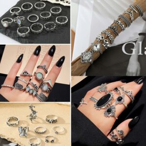 17IF 60 PCS Vintage Silver Goth Ring Set for Women Girl, Punk Boho Chunky Knuckle Stackable Finger Ring Pack Aesthetic Grunge Adjustable Retro Stone Opal Crystal Cat Snake Flower Gothic Rings